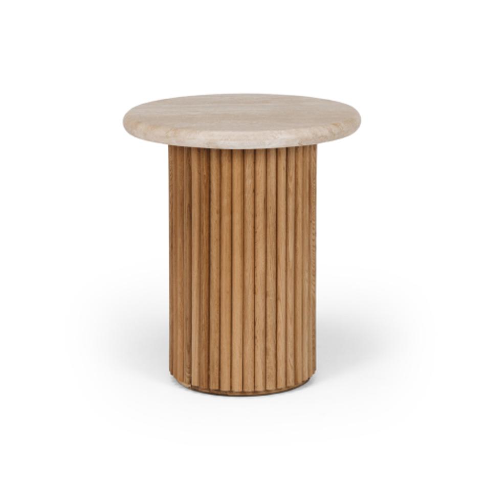 Rho Travertine Top Side Table 50rd (Natural Oak Base) — Folders