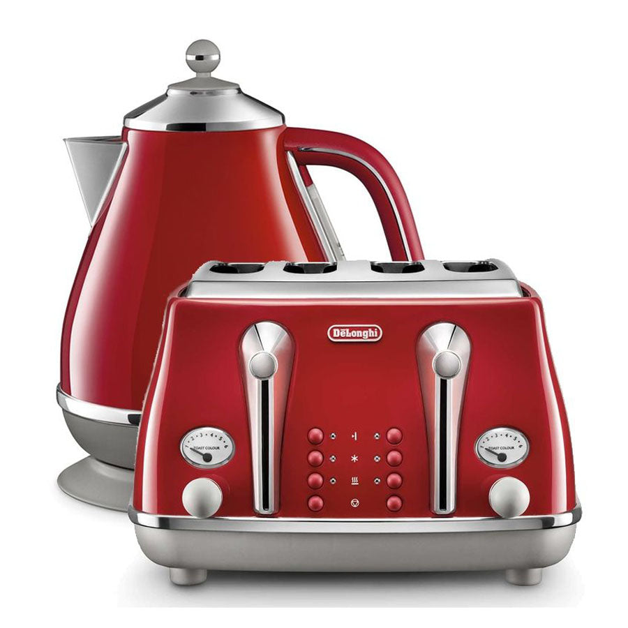 4 Slice Toaster & Kettle Set - Delonghi Icona Capitals Red — Folders
